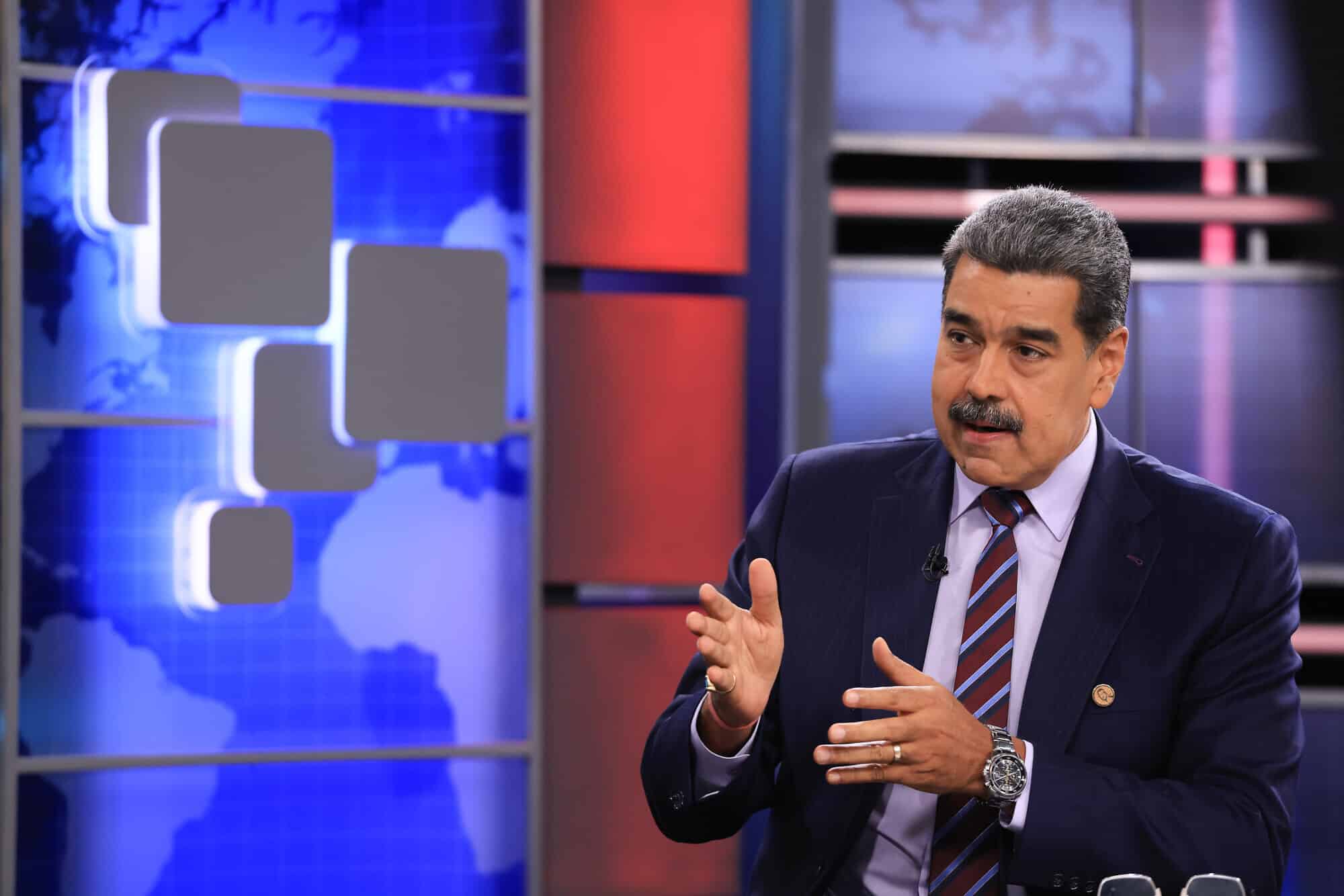 Venezuelan President Nicolás Maduro during an interview at Telesur ...