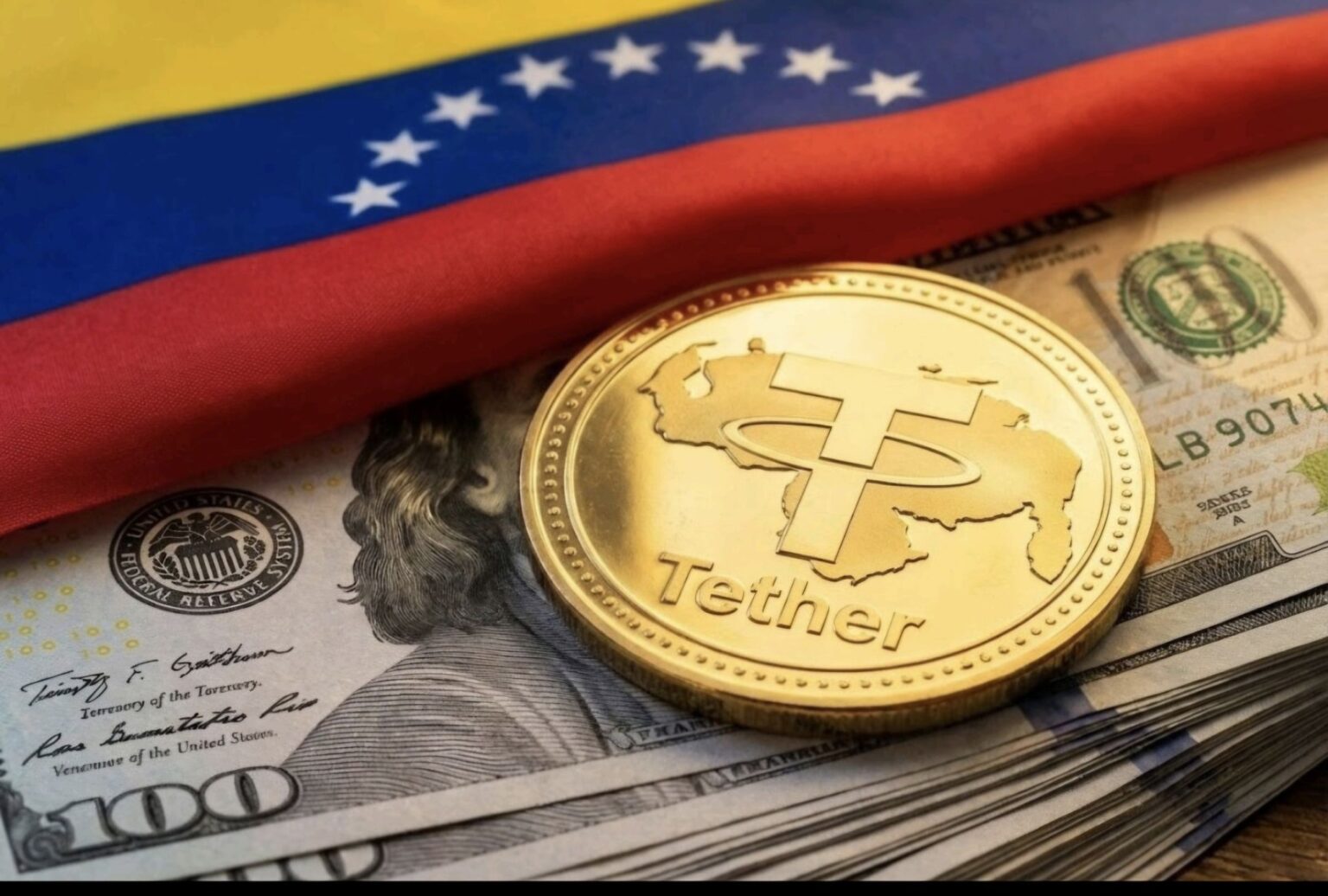 A collage with the Venezuelan flag, US dollar note, and Tether, Binance ...